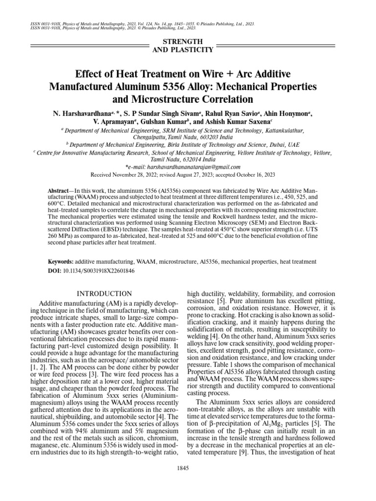 Effect of Heat Treatment on Wire + Arc Additive Manufactured Aluminum 5356 Alloy Mechanical ...