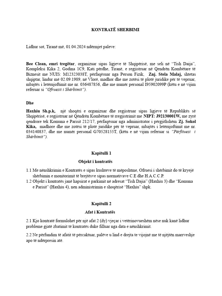 Kontrate Sherbimi Haxhiu - Bee Clean | PDF
