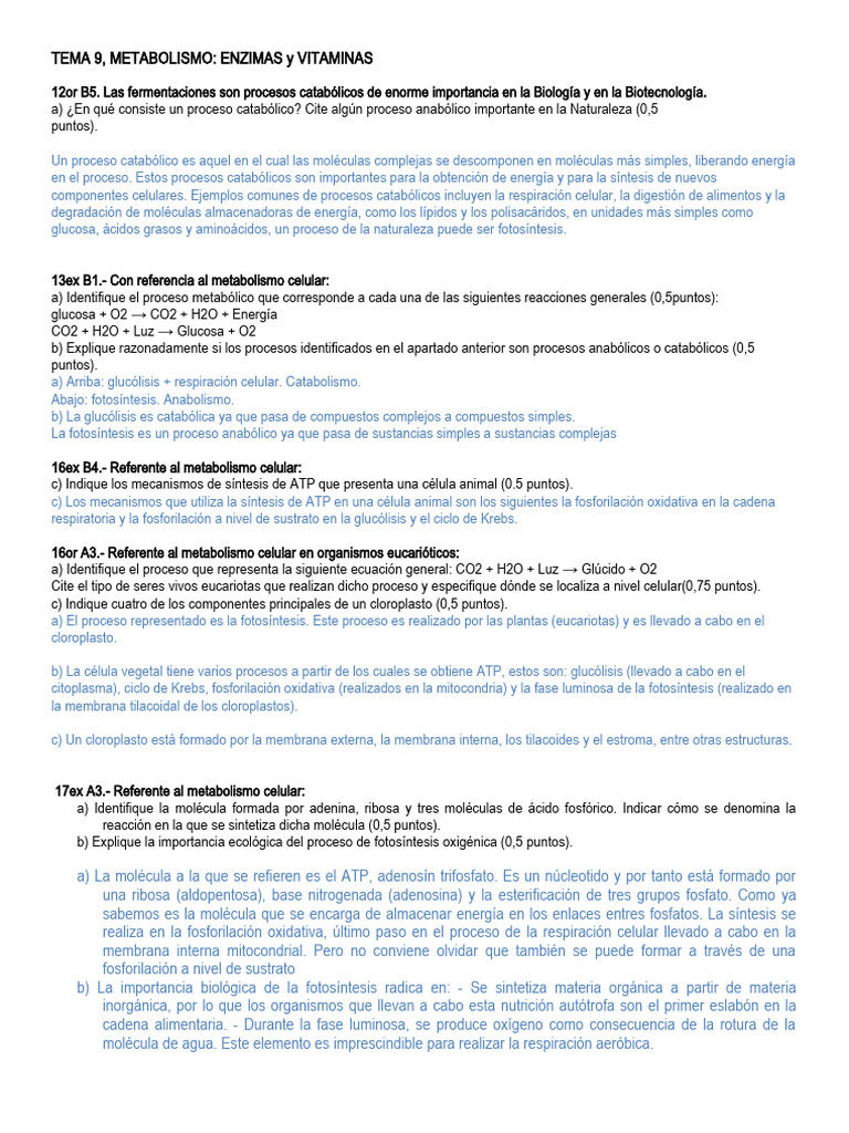 EvAU TEMA 9. resuelto | PDF | Trifosfato de adenosina | Metabolismo