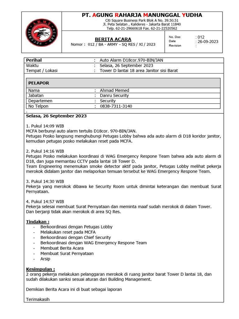 Form Berita Acara Auto Alarm D18 | PDF