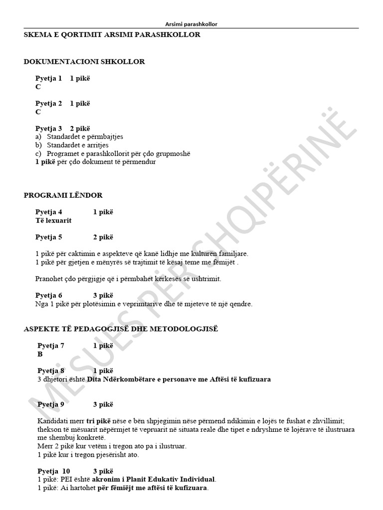 Arsimi Parashkollor Zgjidhje 2014 | PDF