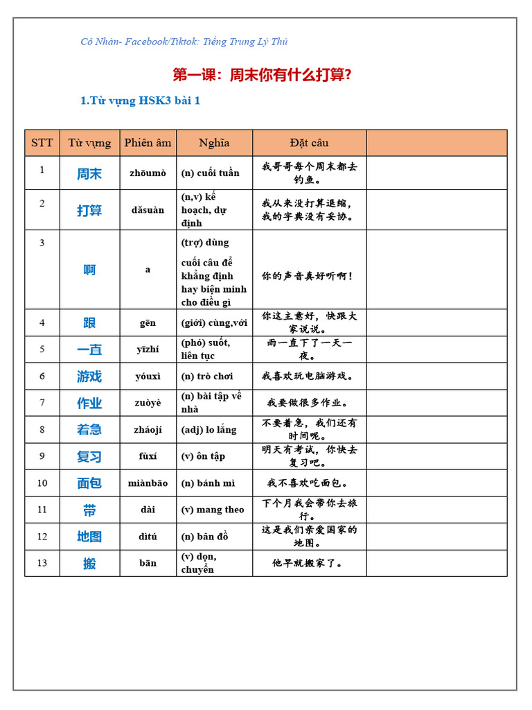1.Từ vựng HSK3 bài 1: STT Từ vựng Phiên âm Nghĩa Đặt câu | PDF
