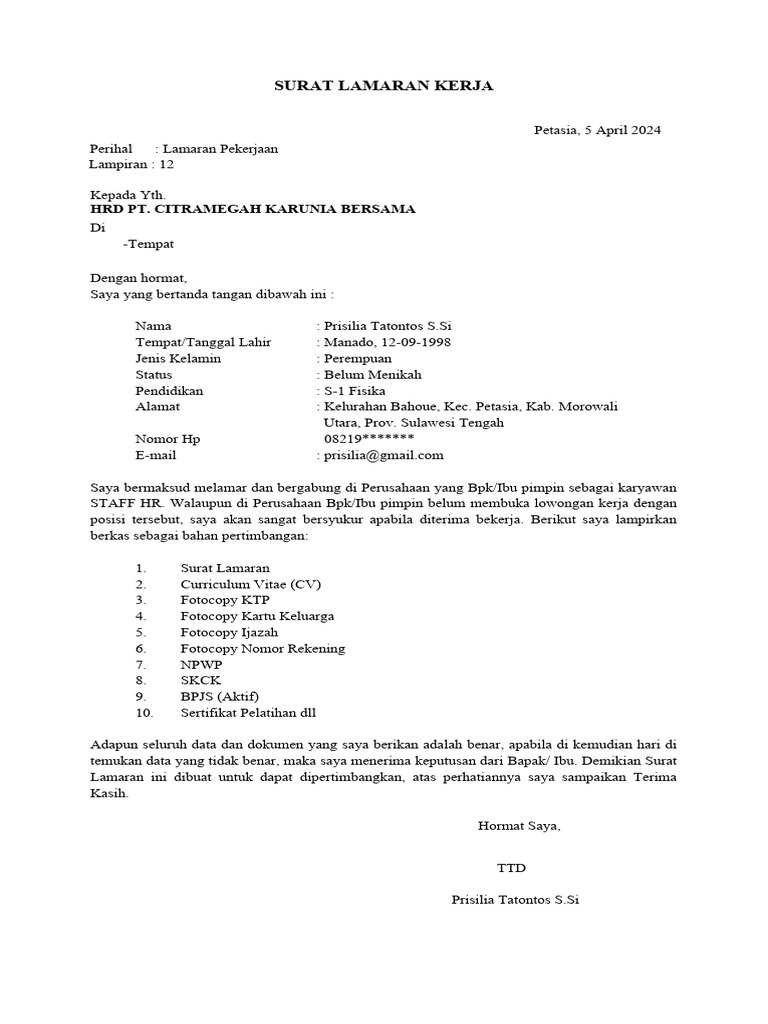 CONTOH LAMARAN KERJA | PDF