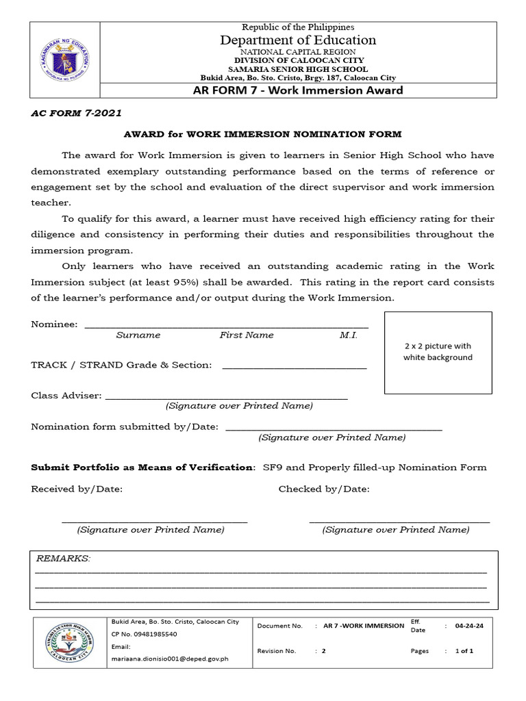 Work Immersion Award Nomination Form | PDF