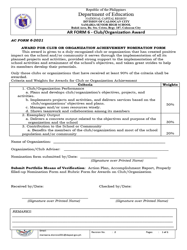 Club Achievement Award Nomination Form | PDF