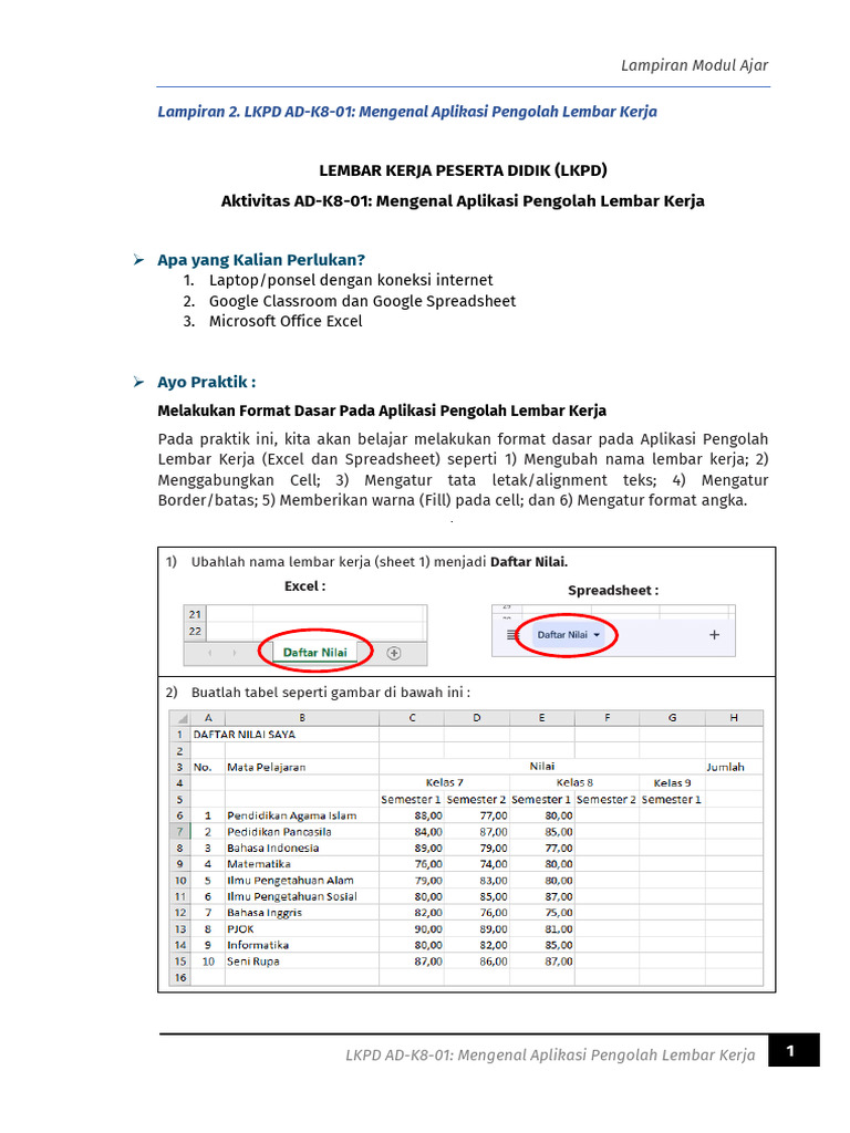 LKPD AD-K8-01 - Mengenal Aplikasi Pengolah Lembar Kerja | PDF