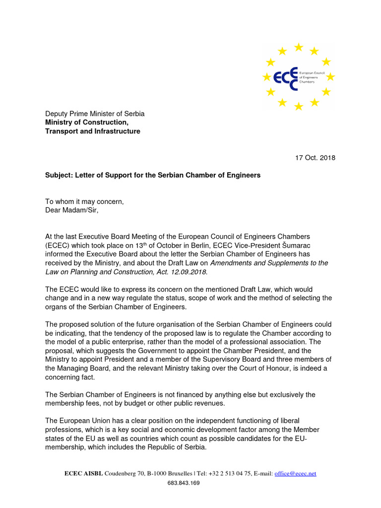 ECEC Letter of Support To The Serbian Chamber of Engineers | PDF ...