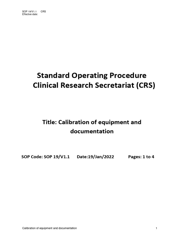 Sops Crs Calibration of Equipment and Documentation | PDF | Calibration | Biomedical Engineering