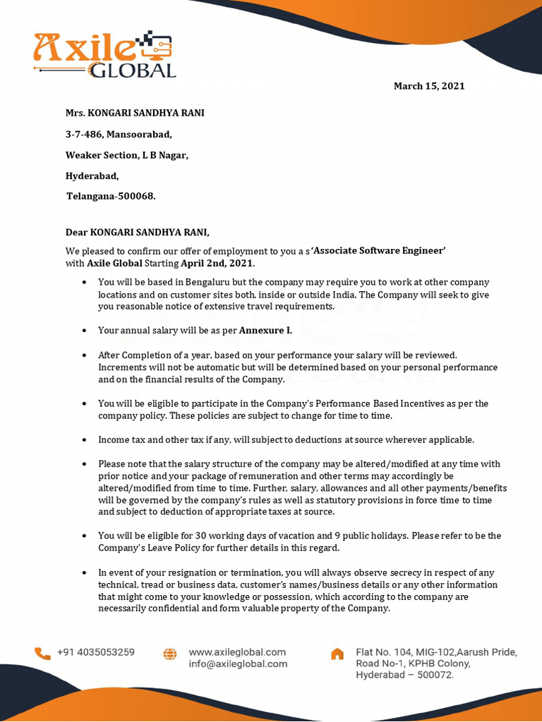 Offer Letter | Download Free PDF | Employment | Salary
