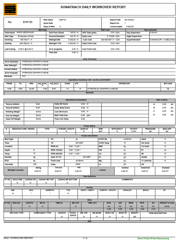 SONATRACH Daily Workover Summary | PDF | Casing (Borehole) | Chemical ...