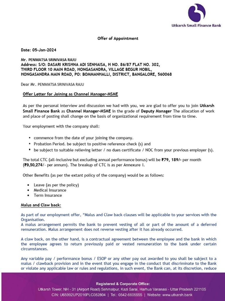 Offer of Appointment - Penmatsa Srinivasa Raju | PDF | Employment | Banks Offer of Appointment - Penmatsa Srinivasa Raju | PDF | Employment | Banks
