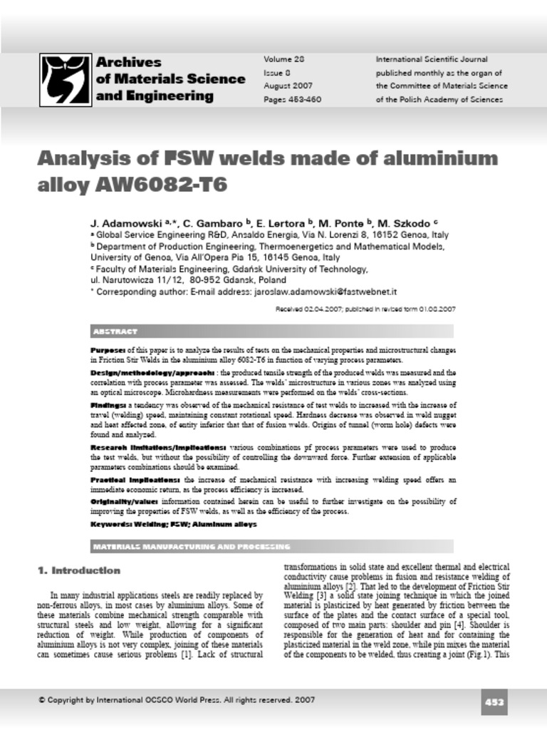Analysis of FSW Welds Made of Aluminium Alloy AW6082-T6 Bending Test ...