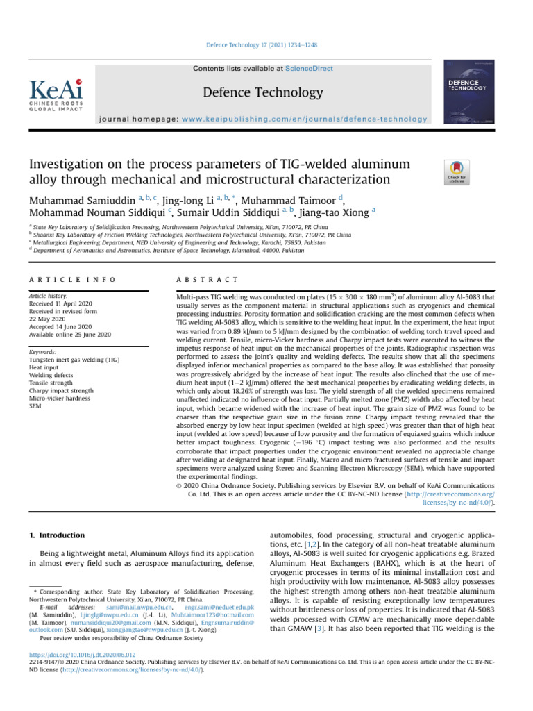 Investigation On The Process Parameters of TIG-welded Aluminum Alloy Through Mechanical and ...