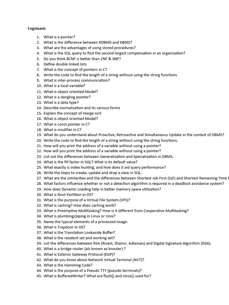Cognizant Probable Sample Questions | PDF | Pointer (Computer Programming) | Databases