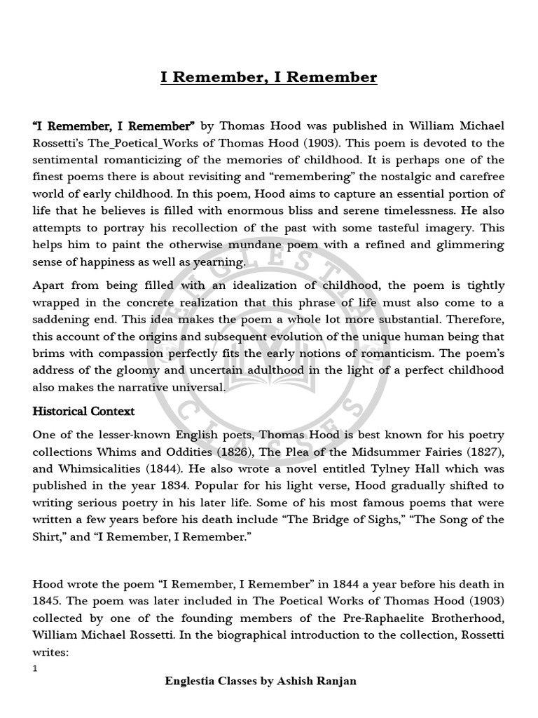 I Remember I Remember | PDF | Poetry | Metre (Poetry)