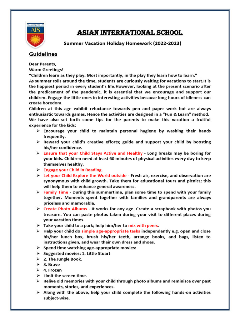 Holiday Homework UKG | PDF