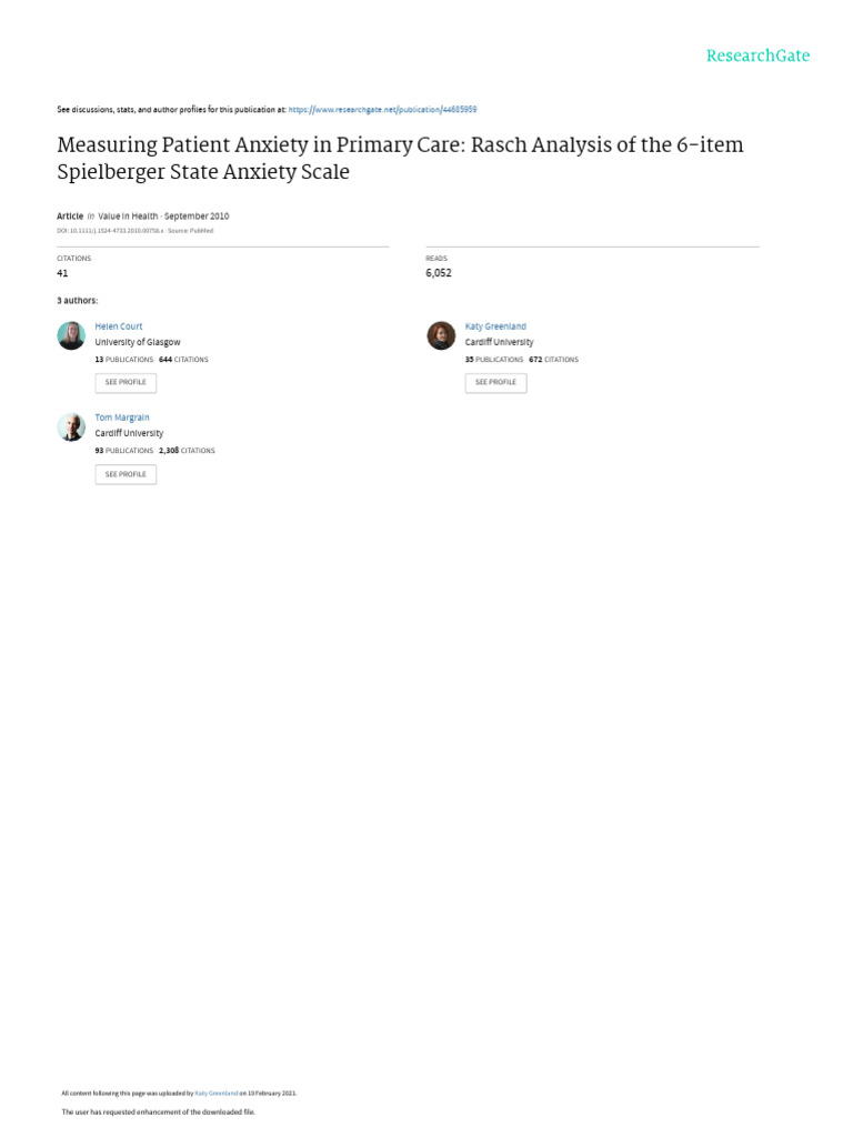 Measuring Patient Anxiety in Primary Care Rasch An | PDF | Statistics ...