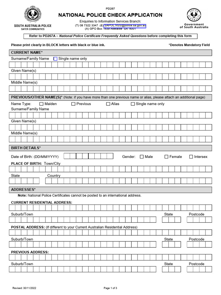 PD267 National Police Check Application | PDF | Identity Document