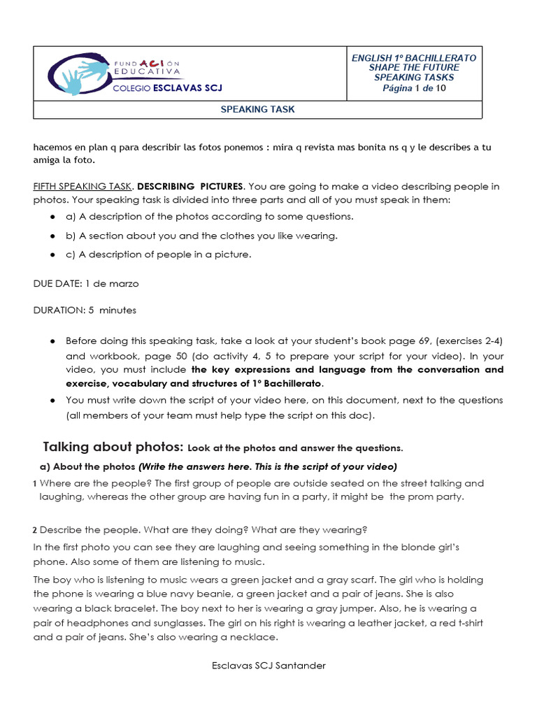 Copia de SPEAKING TASK DESCRIBING PICTURES 1º BACH 2021 | PDF ...