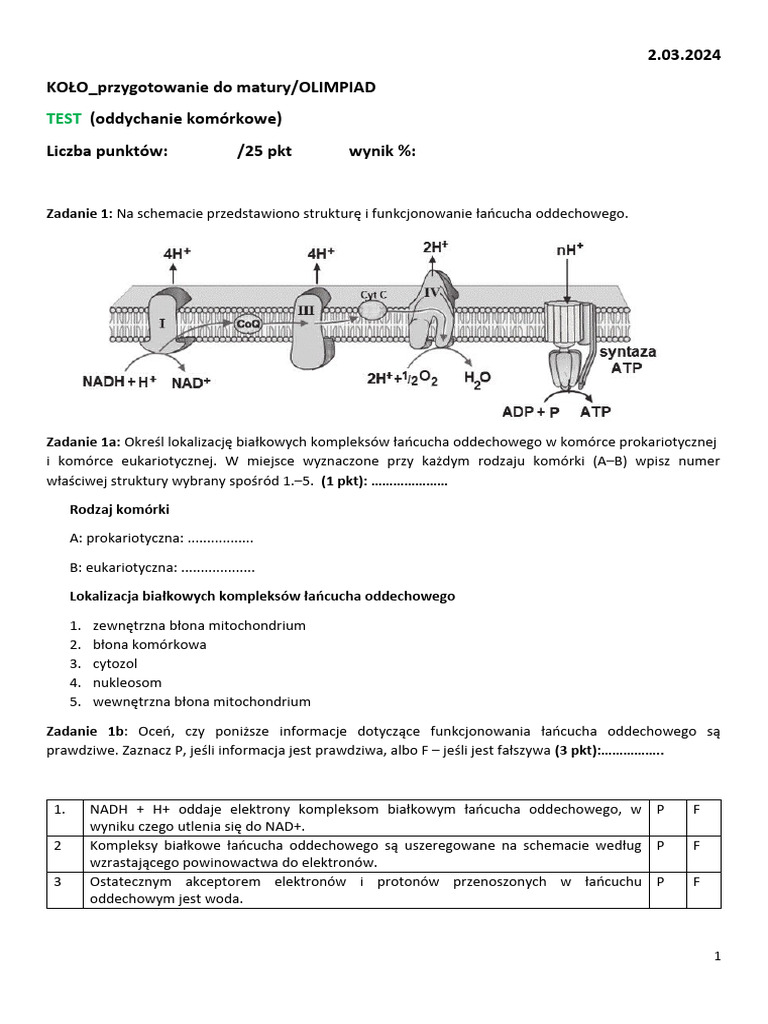 TEST - Oddychanie Komórkowe - Wersja Dla Ucznia | PDF