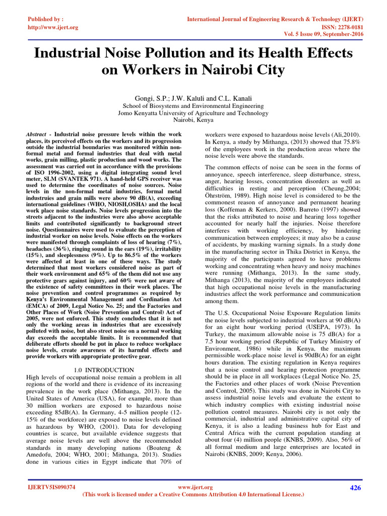 Industrial Noise Pollution and Its Health Effects On Workers in Nairobi ...