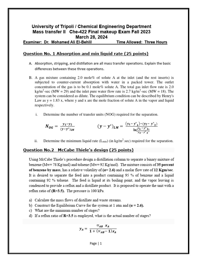Che422 Final Mass 2 Transfer Makup Exam Fall 2023 | PDF | Distillation ...