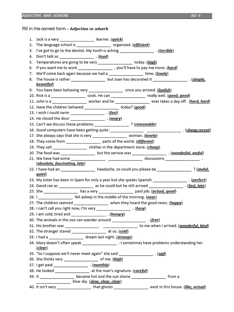 Adjective and Adverb 6 - PDF Worksheet | PDF | Adverb