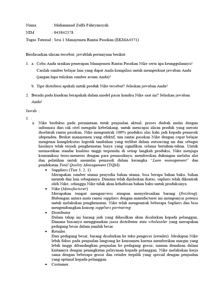 Tugas 1 Manajemen Rantai Pasokan | PDF | Bisnis | Seni