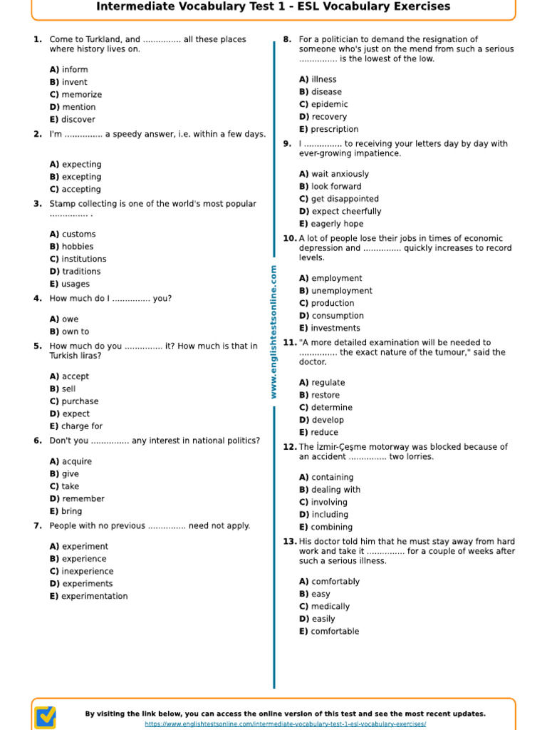 Intermediate Vocabulary Test 1 - ESL Vocabulary Exercises | PDF