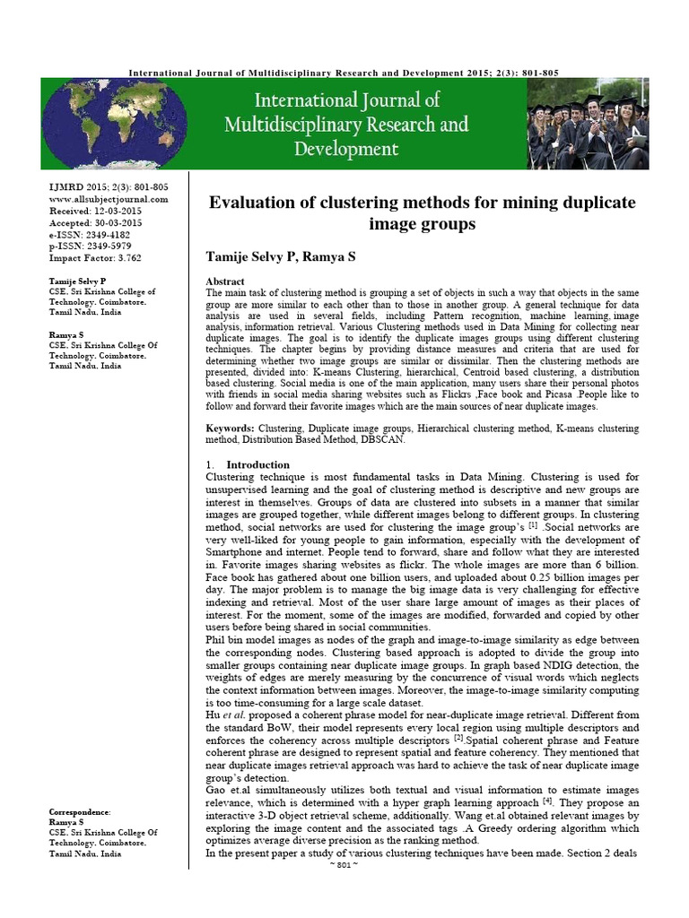 Evaluation of Clustering Methods For Mining Duplicate Image Groups | Download Free PDF | Cluster ...