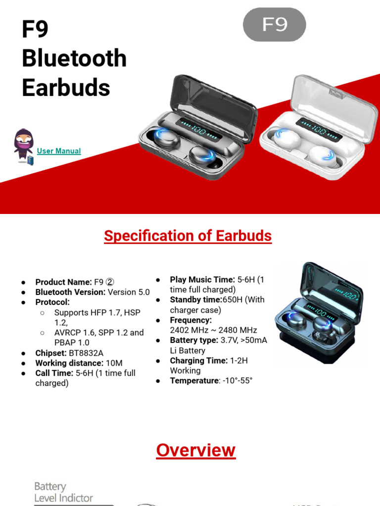 F9-Bluetooth-Earbuds-User-Manual-1 | PDF | Headphones | Bluetooth