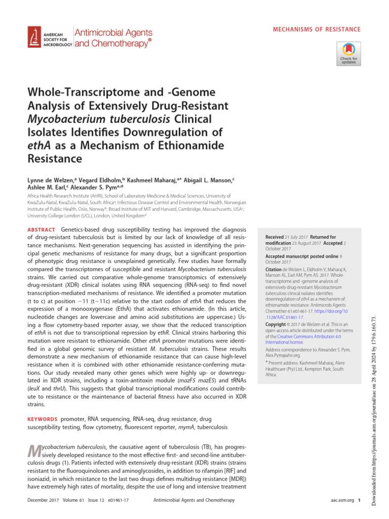 De Welzen Et Al 2017 Whole Transcriptome And Genome Analysis Of Extensively Drug Resistant