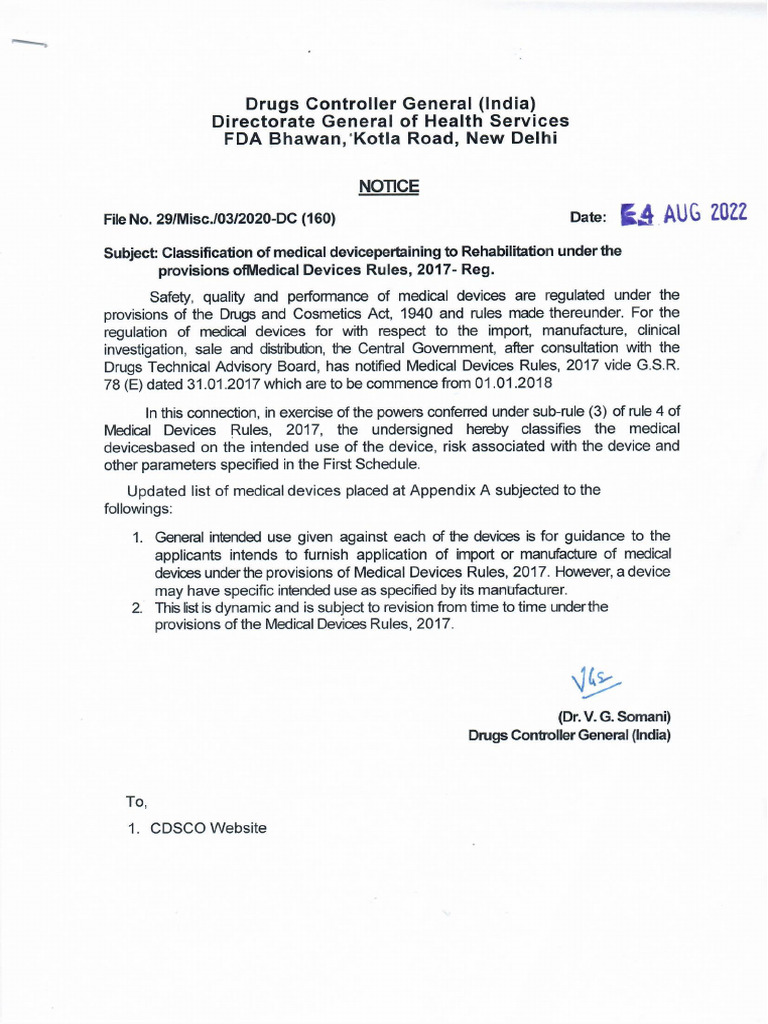 DCGI Notice Dated 04-08-2022 Classification of Medical Device ...