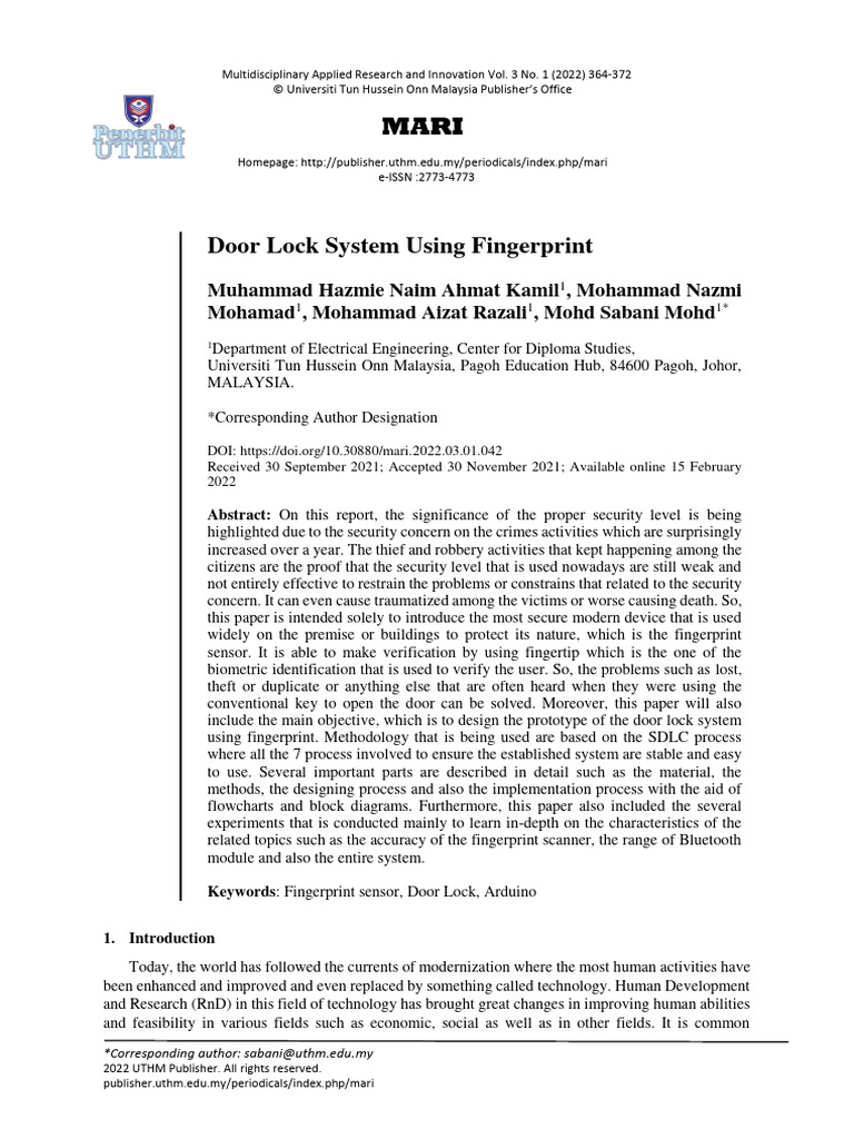 Door Lock System Using Fingerprint | PDF | Telecommunications | Wi Fi
