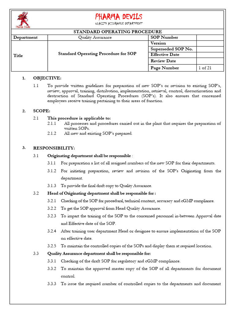 SOP-for-SOP (1) | PDF | Quality Assurance | Regulatory Compliance