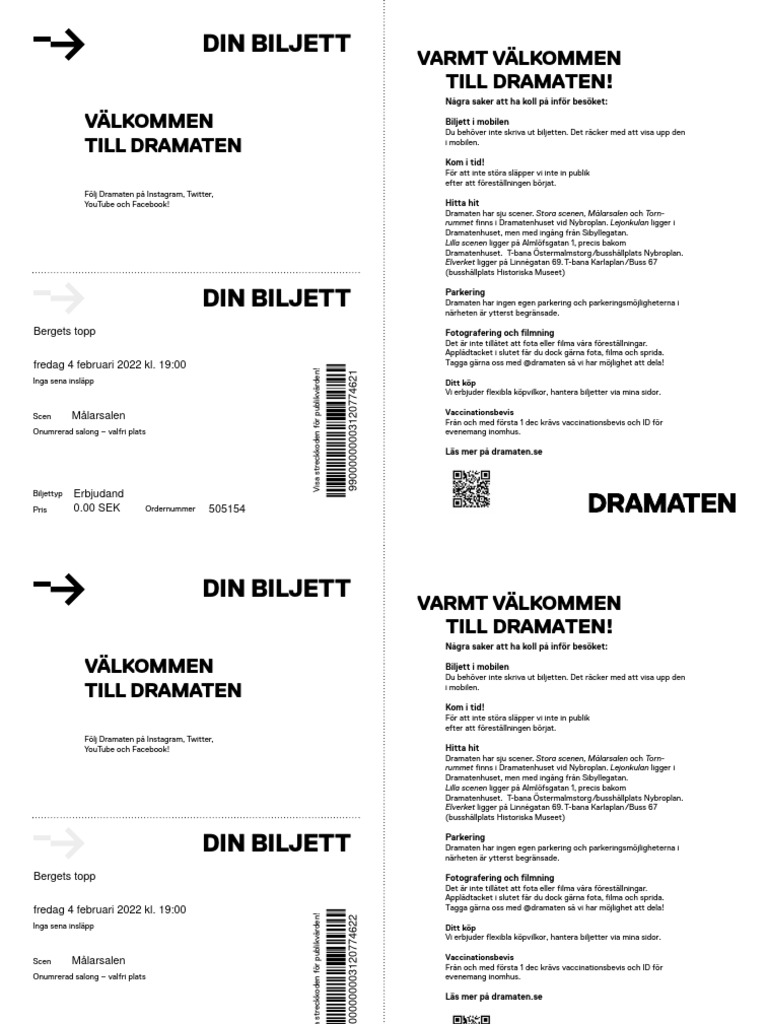 Din Biljett: Varmt Välkommen Till Dramaten! | PDF