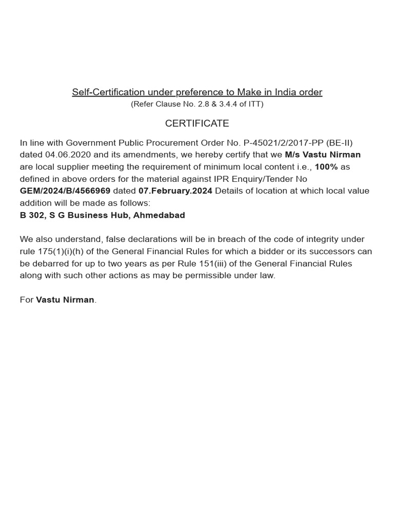 Make in India (MII) Certificate Generator For GeM - GeM Portal Course | PDF