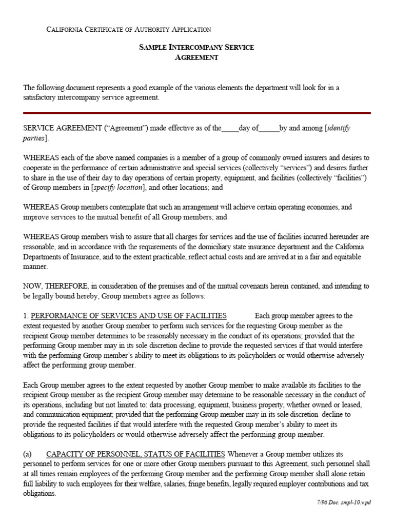 Intercompany Service Agreement Sample | PDF | Underwriting | Insurance