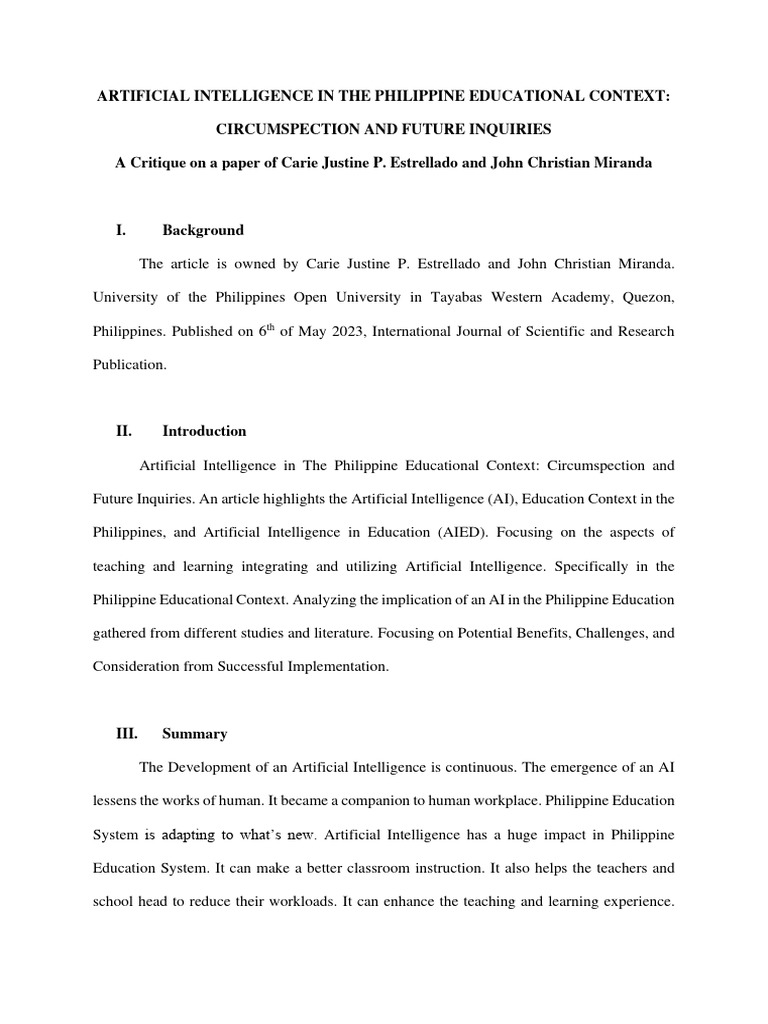 Critique Paper (Artificial Intelligence in the Philippine Educational ...