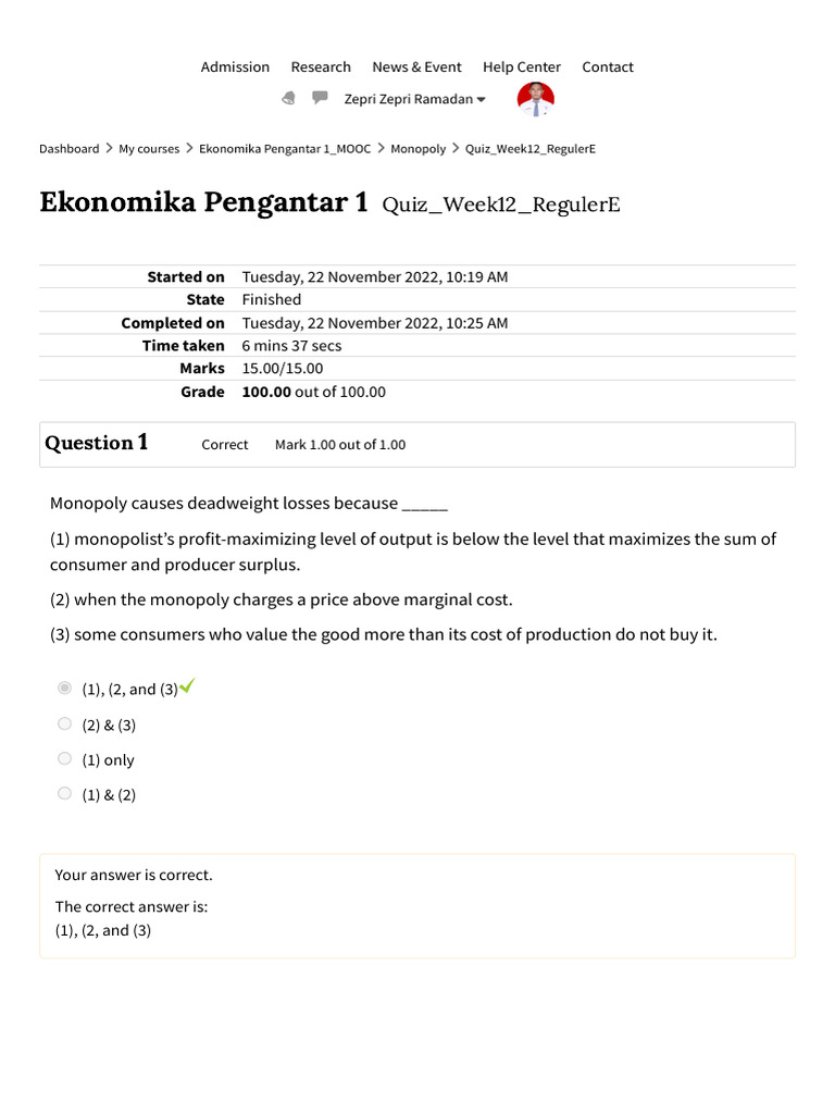 Quiz - Week12 - RegulerE - Attempt Review | PDF | Monopoly | Profit ...