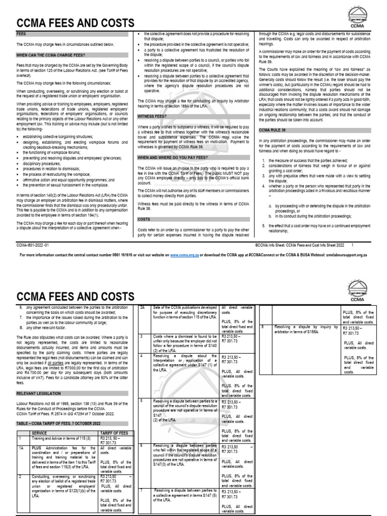 CCMA Fees and Costs Overview | PDF | Arbitration | Employment