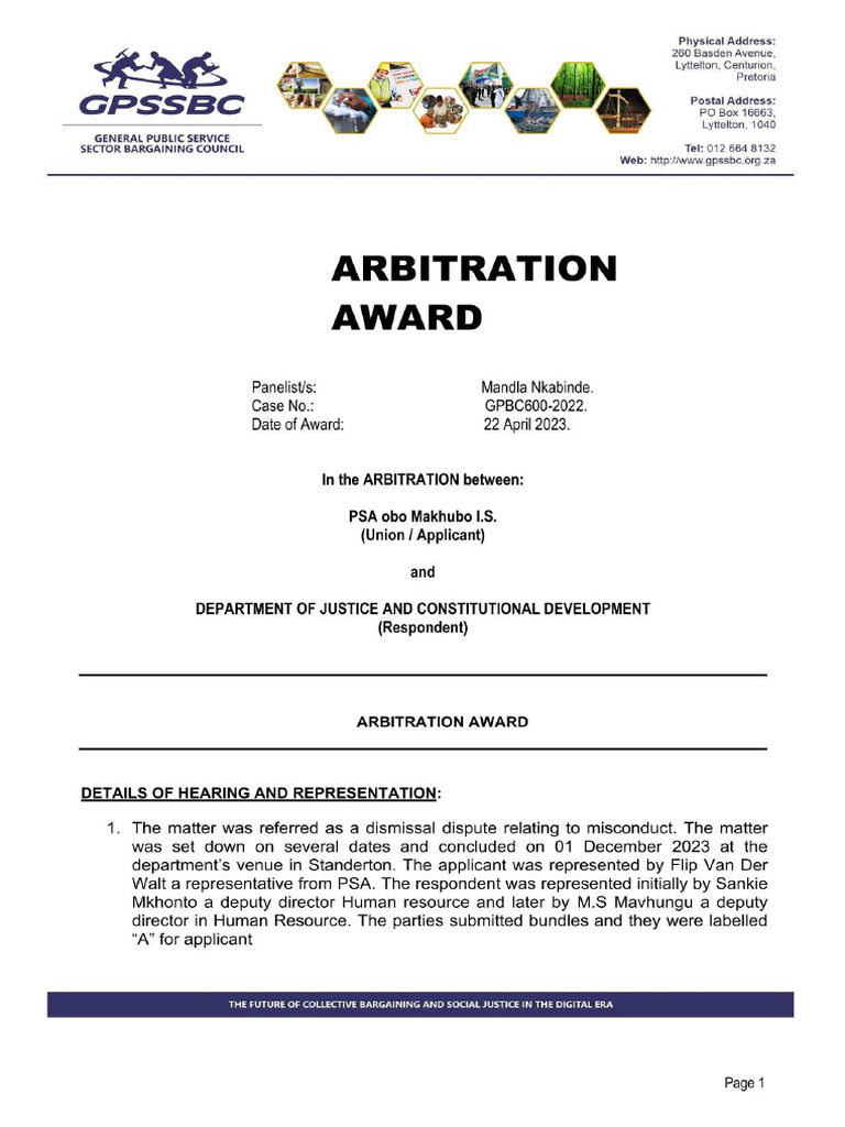 GPSSBC Mpumalanga - 22 April 2024 - Arbitration Award | PDF