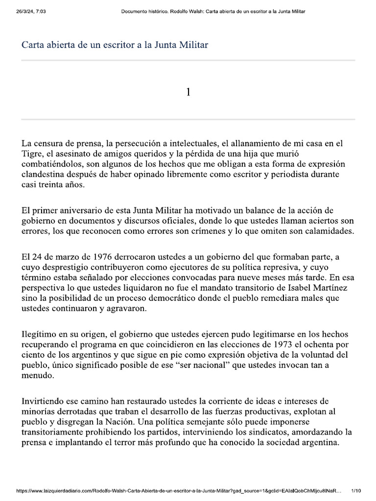 Documento Histórico. Rodolfo Walsh - Car... Erta de Un Escritor A La ...