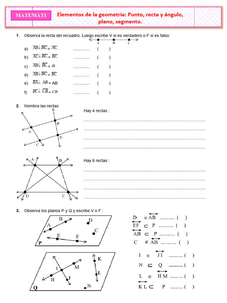 D2 A1 FICHA MAT. Elementos de la geometría Punto, recta y ángulo, plano, segmento. | PDF