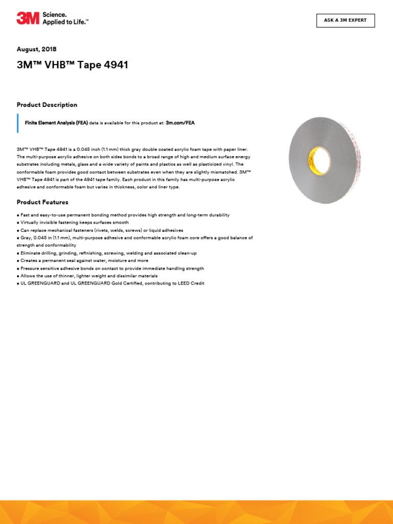 3M™ VHB™ Tape 4941 Technical Datasheet | PDF | Adhesive | Safety