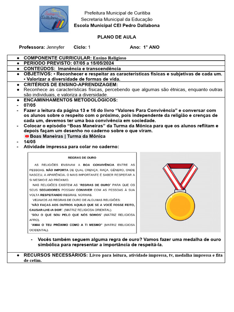 1º ANO - Imanência e Transcendência 07 a 14 de Maio.docx | PDF