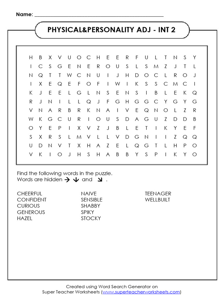 Physical & Personality Adjectives Puzzle | PDF | Word Search | Puzzles