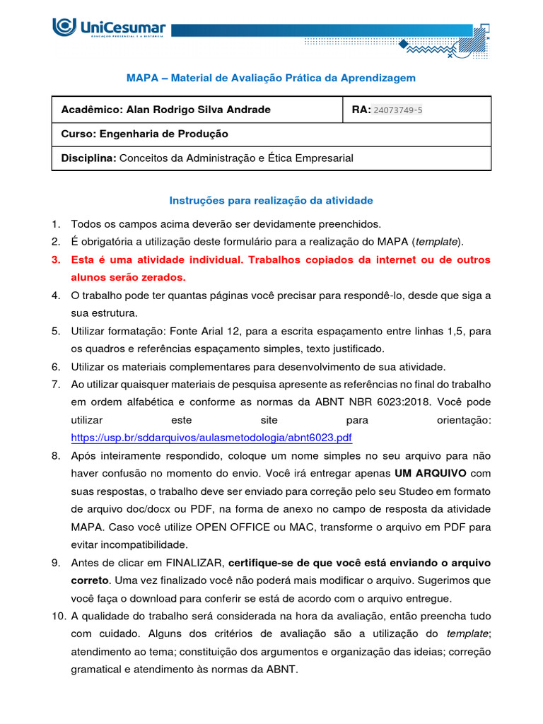 Atividade Mapa - Alan Rodrigo Silva Andrade | Download grátis PDF | Desperdício | Sustentabilidade