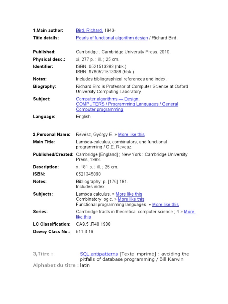 Bird, Richard, Pearls of Functional Algorithm Design: 3, Titre: Alphabet Du Titre | PDF