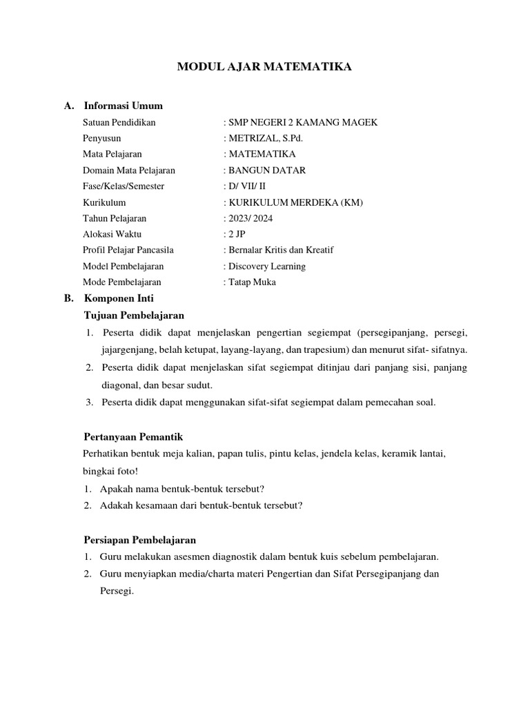 modul ajar bangun datar kelas 7 semester 2 | PDF